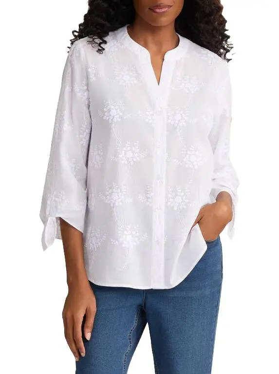Jones New York Floral Embroidered Button-up Shirt - Natural White