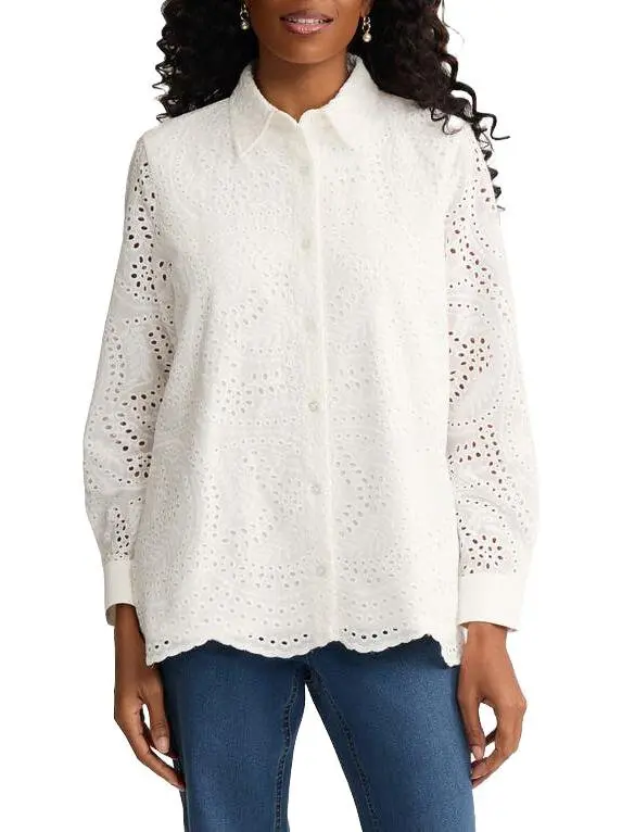 Jones New York Cotton Eyelet Button-up Shirt - Natural White