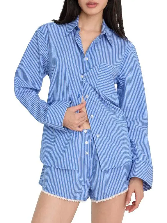 Good American Classic Boxy Poplin Button-up Shirt - Blue White Stripe