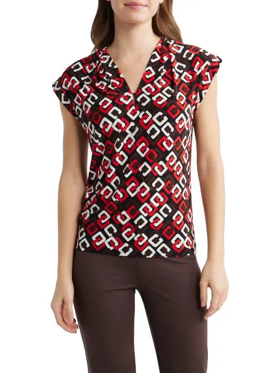 Anne Klein Pleated V-neck Floral Top - Begonia Red Multi