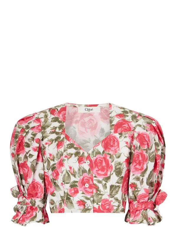 Chloé Cropped Floral-print Cotton-poplin Top - Pink