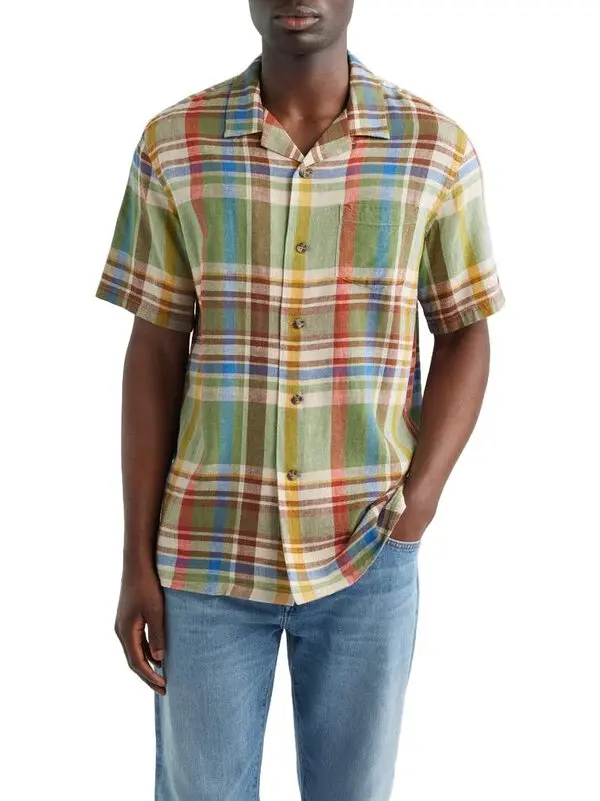 Pendleton Plaid Linen Blend Camp Shirt - Green Multi Plaid