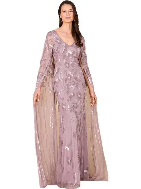 LARA NEW YORK Beaded Sheath Dress With Cape Sleeves - Dusty Lavender