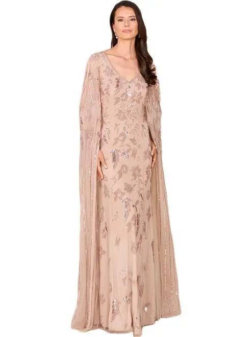LARA NEW YORK Beaded Sheath Dress With Cape Sleeves - Nude
