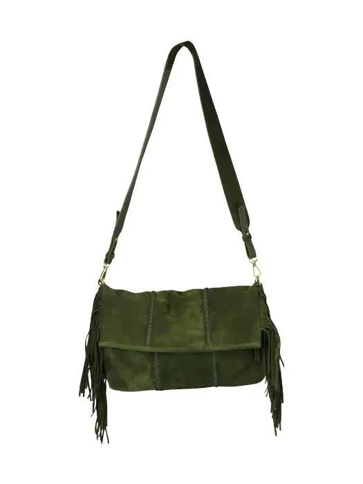 Carlos Falchi Large Fringe Suede Convertible Messenger - Olive