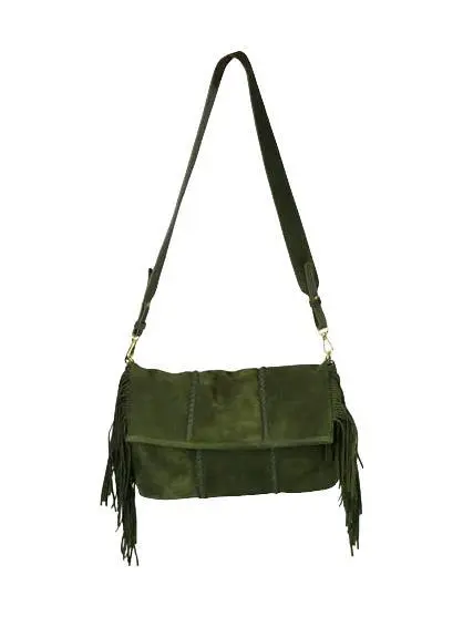 Carlos Falchi Suede Fringe Crossbody Messenger Bag - Olive