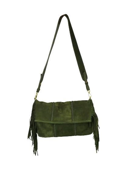 Carlos Falchi Suede Fringe Crossbody Messenger Bag - Olive