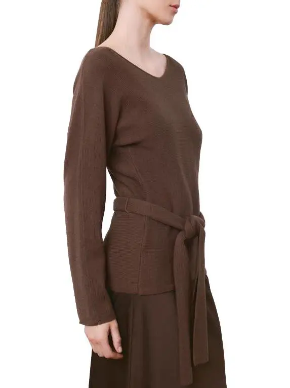 Mango Long Sleeve Belted Cotton Sweater - Chocolate
