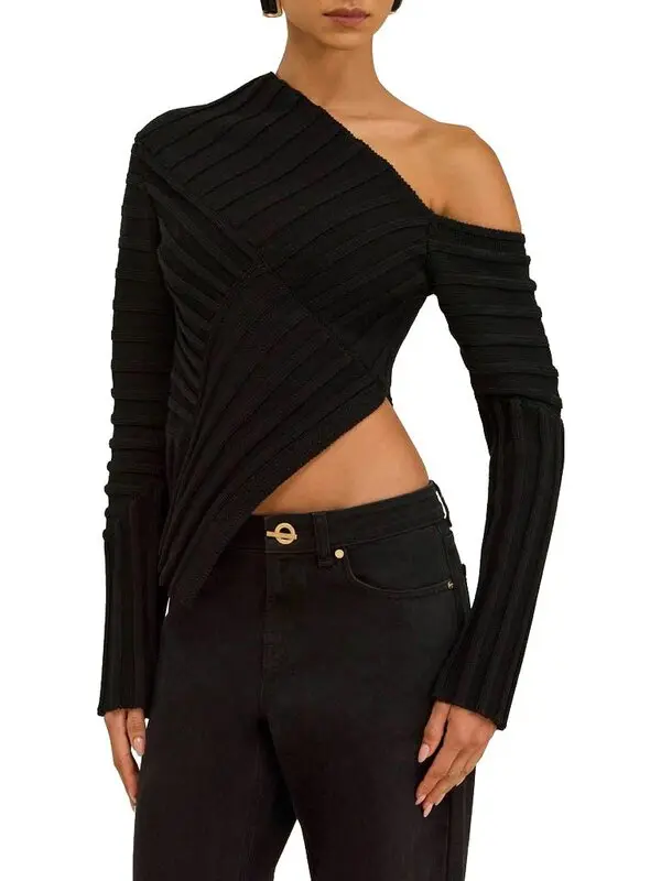 Cult Gaia Jaidan Asymmetric Ribbed Top - Black