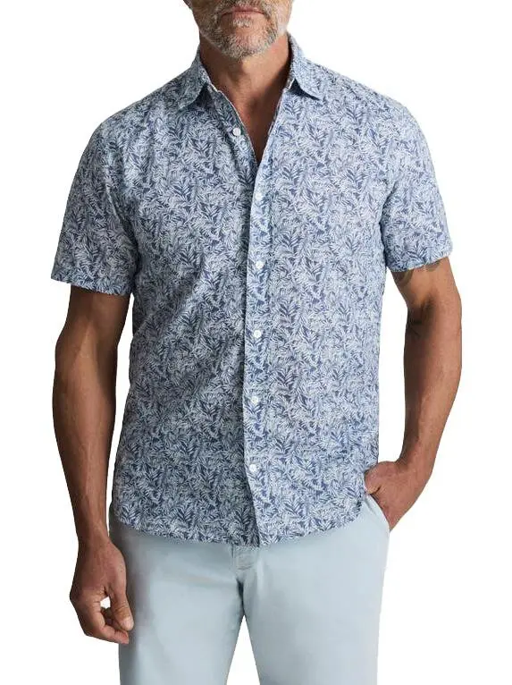 34 Heritage Palm Print Short Sleeve Cotton & Linen Button-up Shirt - Indigo
