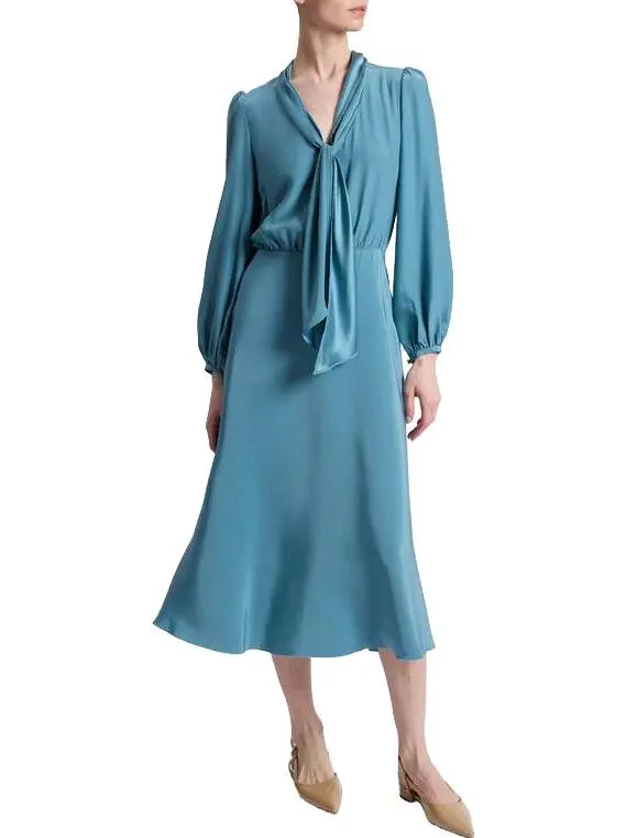 Santorelli Jenn Long Sleeve Tie-neck Midi Dress - Steel Teal