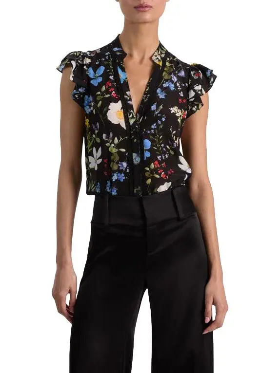 Alice + Olivia Arlette Floral Button-up Top - Twisting Vines Black