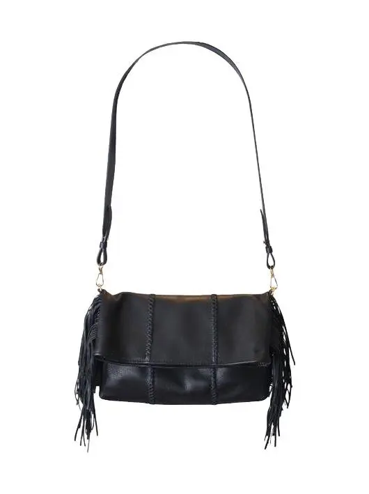 Carlos Falchi Fringe Leather Crossbody Messenger - Black Obsidian