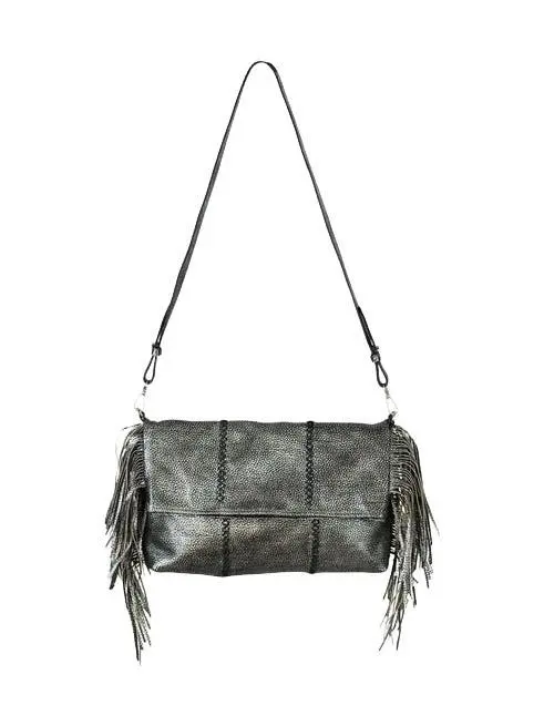 Carlos Falchi Fringe Leather Crossbody Messenger - Roman Chrome