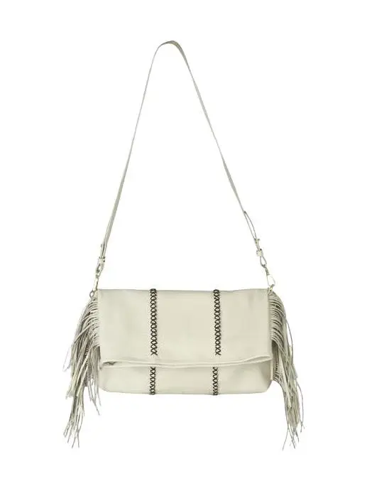 Carlos Falchi Fringe Leather Crossbody Messenger - Winter White