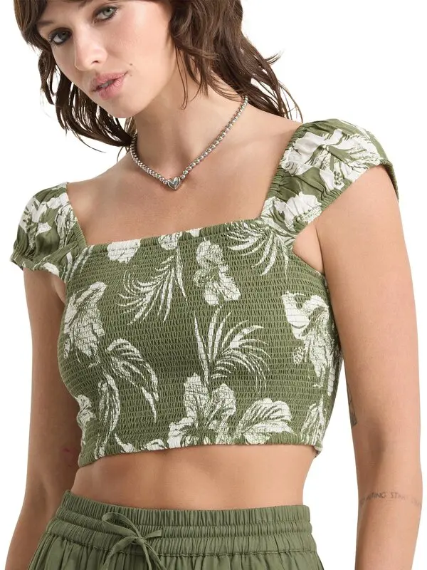 Volcom Printed Smocked Crop Top - Moss Stone