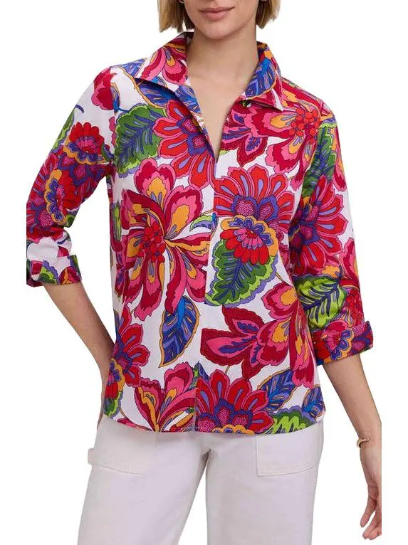 Foxcroft Agnes Paradise Blooms Three-quarter Sleeve Cotton Popover Top - Pink/multi