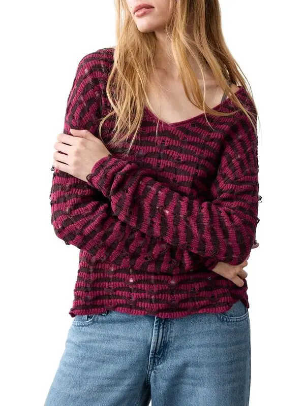 Mango Stripe Openwork V-neck Sweater - Cherry