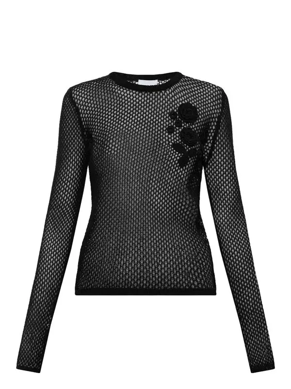 GANNI Floral-appliqué Crochet-knit Sweater - Black