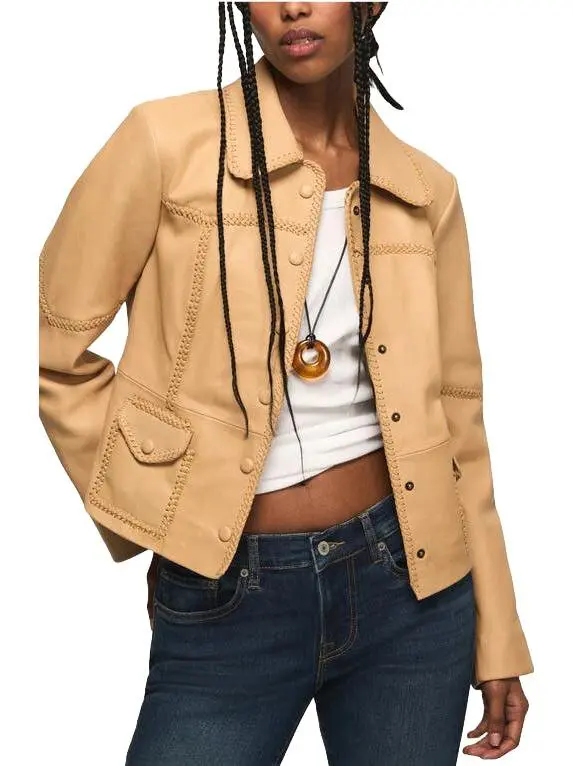 Lucky Brand Braided Seamed Leather Jacket - Tan