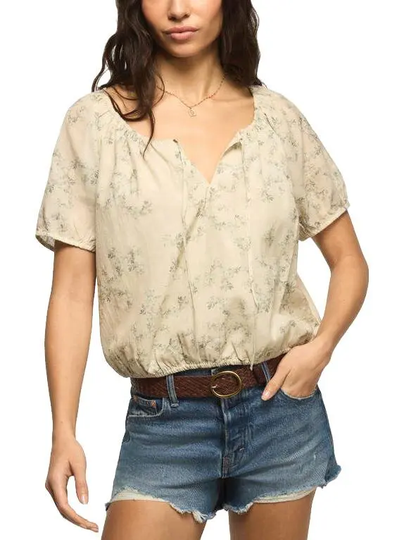 Lucky Brand Bubble Hem Short Sleeve Top - Green Floral