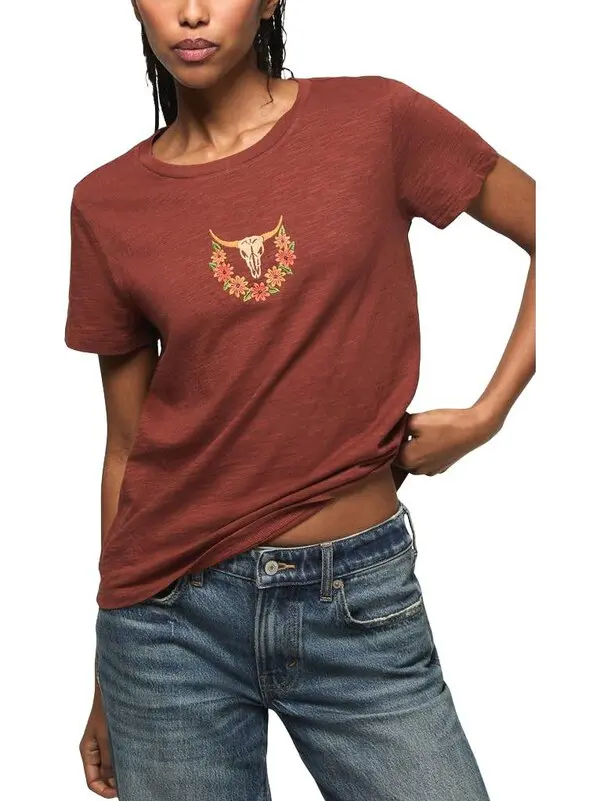 Lucky Brand Floral Steer Embroidered T-shirt - Terracotta