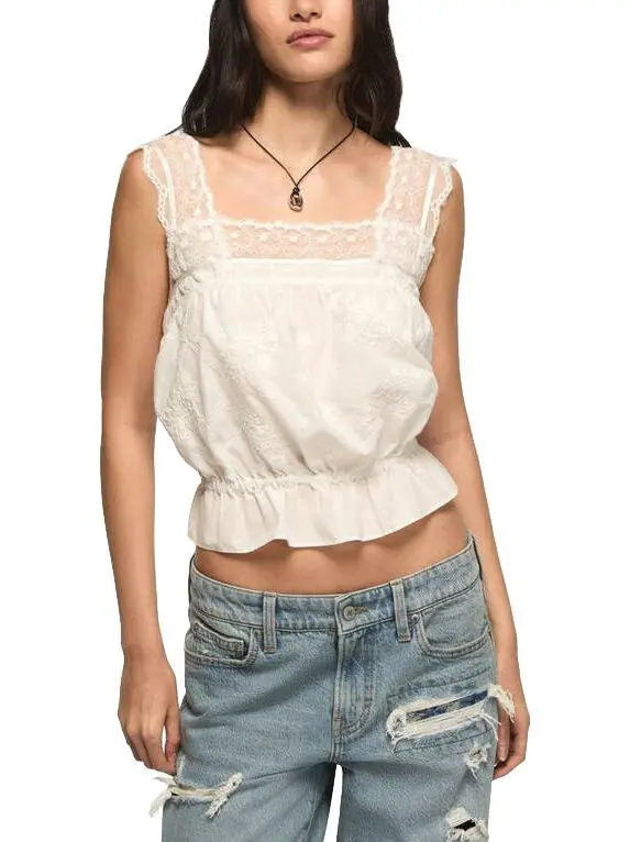 Lucky Brand Lace Trim Embroidered Tank - White