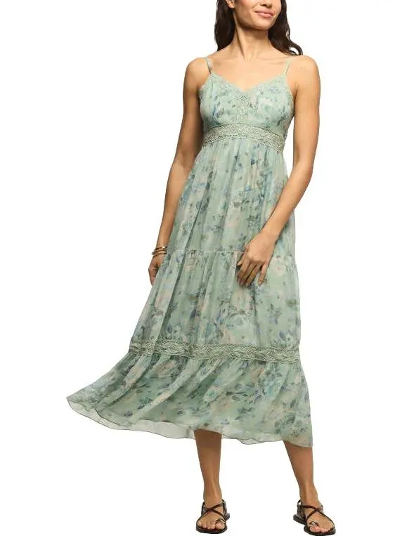 Lucky Brand Floral Print Lace Trim Midi Dress - Blue Floral