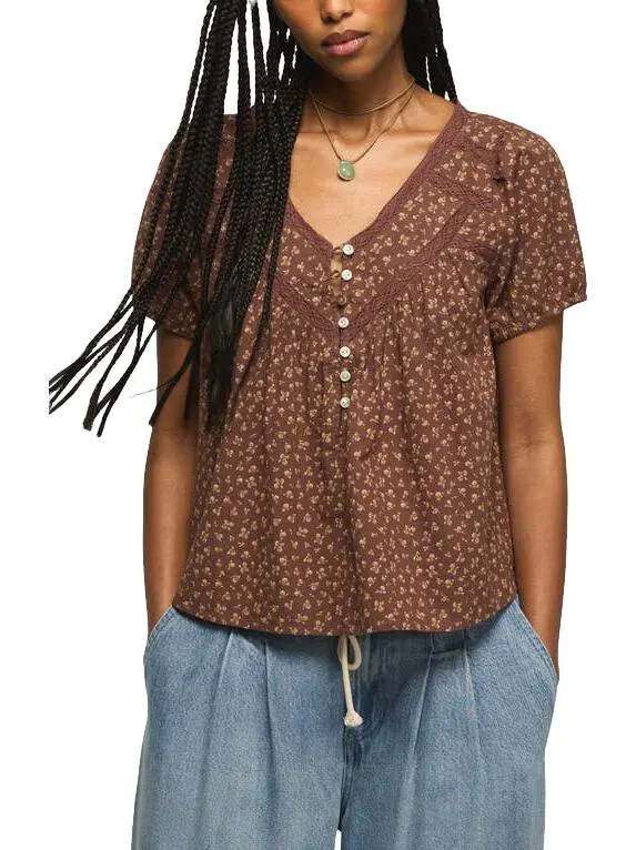 Lucky Brand Lace Henley Peasant Top - Brown Floral