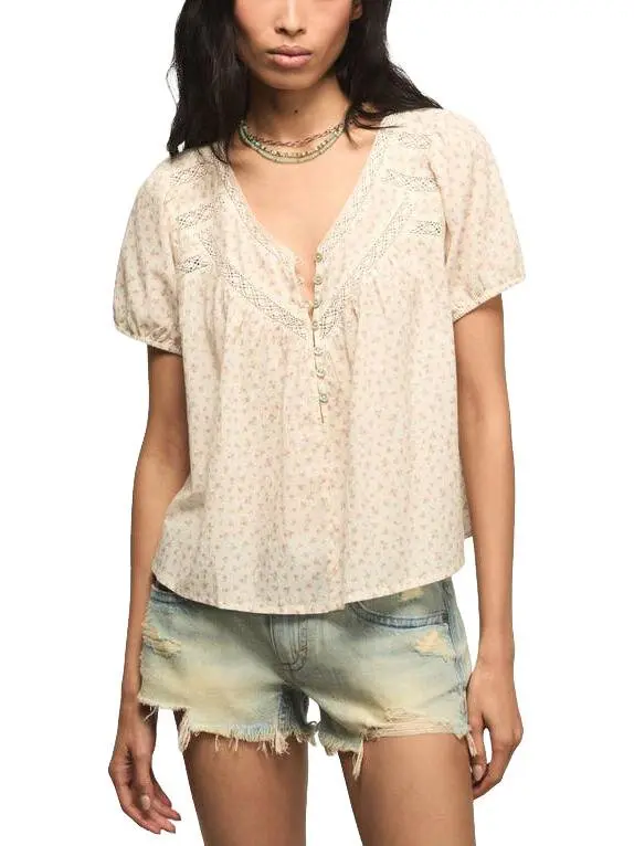 Lucky Brand Lace Henley Peasant Top - Cream Floral