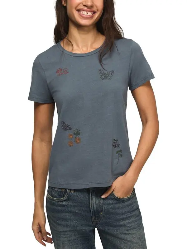 Lucky Brand Floral Butterfly Embroidered T-shirt - Flint Stone