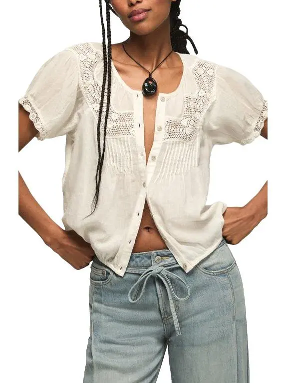 Lucky Brand Crochet Stitch Puff Sleeve Top - Whisper White