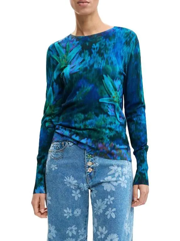 Desigual Floral Fine Gauge Crewneck Sweater - Blue/green