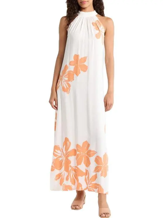 Vince Camuto Mock Neck Trapeze Maxi Dress - Tangerine