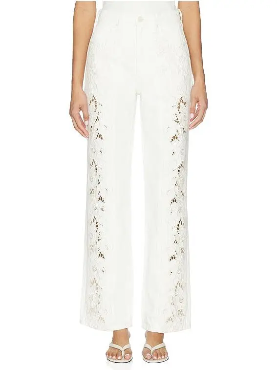 Paige Sawyer Wide Leg Denim - Tonal Ecru Embroidered
