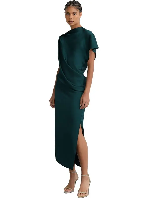 REISS Kenzie Satin Asymmetric Draped Midi Dress - Teal Green