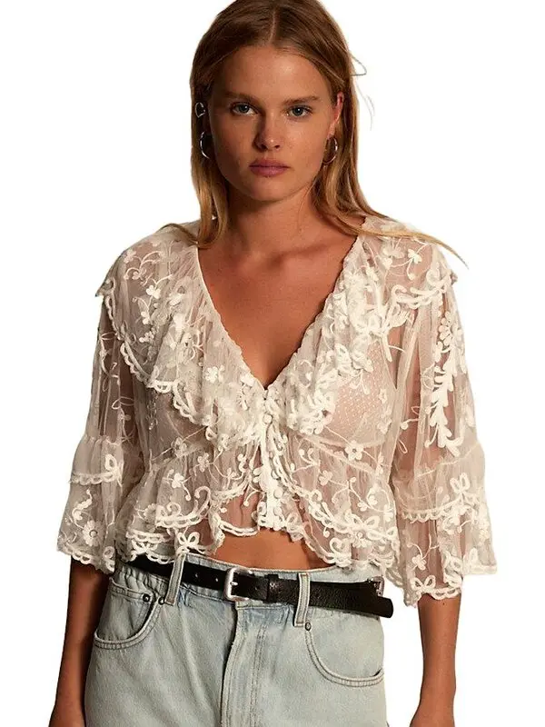 LoveShackFancy Vessia Embroidered Blouse - Ivory