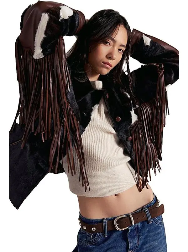 DANCASSAB Taylor Leather Fringe Jacket - Brown/white