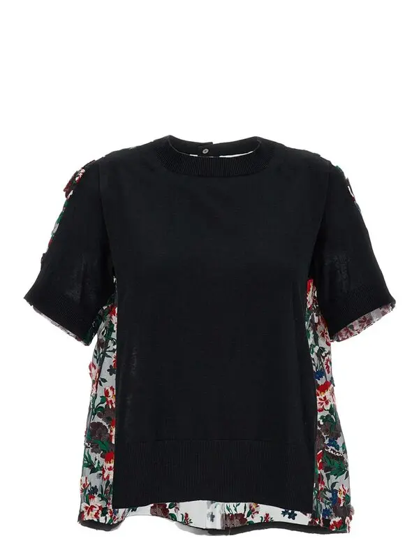 Sacai Short-sleeve Top With Floral Embroidery - Black
