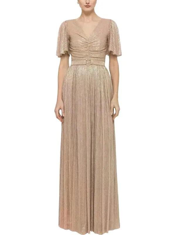 NISSA Sequin Applique Maxi Dress With V-neck And Belted Waist - Neutrals