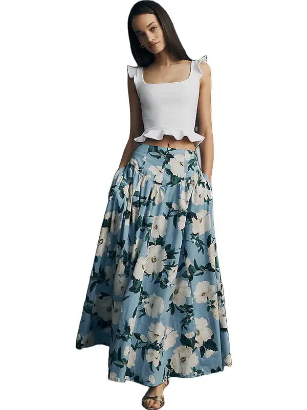 Maeve Basque-waist Maxi Skirt - Blue Floral