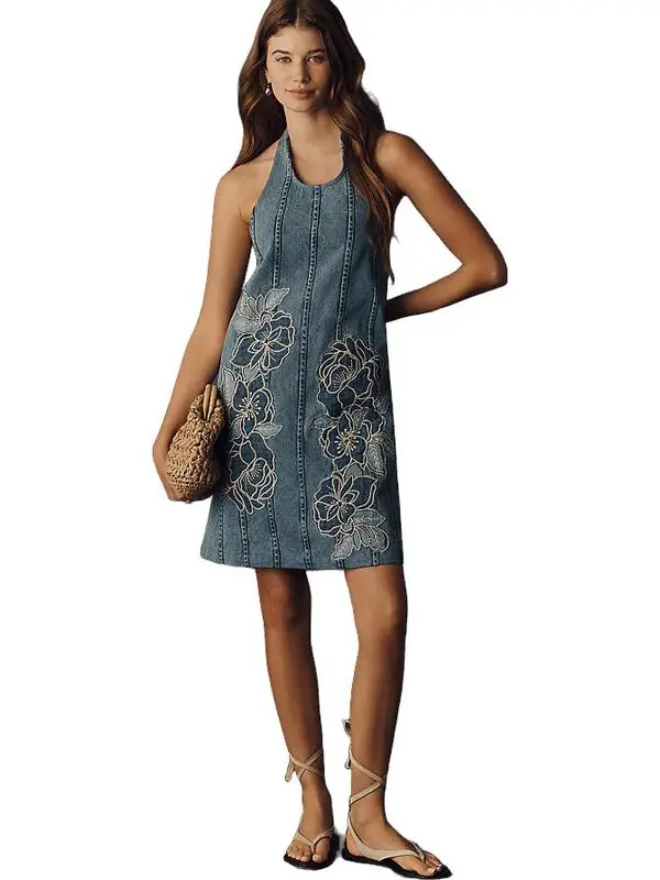 Maeve Deco Denim Halter Dress - Light Denim