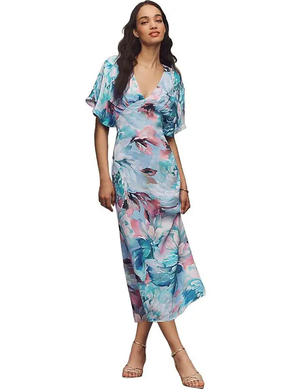 Bhldn Amelia Midi Dress - Cerulean Painted Petals