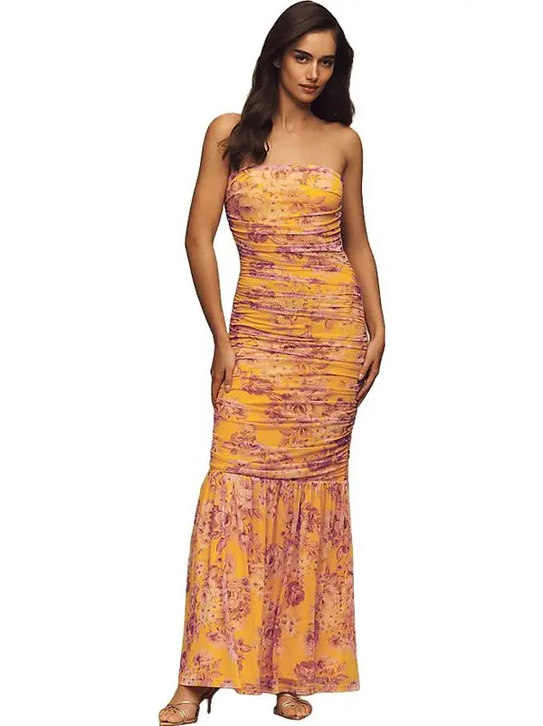 Bhldn Mesh Strapless Maxi Dress - Orange Pattern