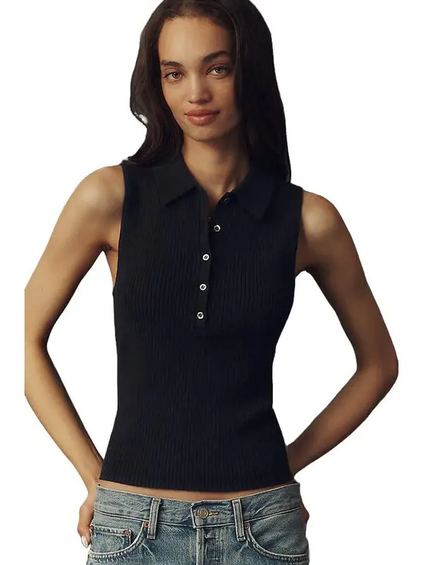 Paige Vesta Collared Tank Top - Black