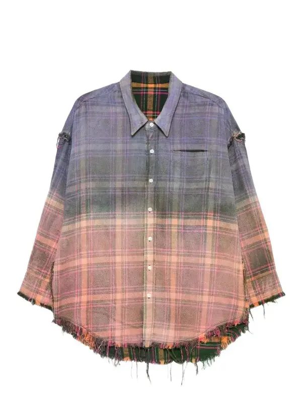 R13 Reversible Frayed Check Shirt - Grey