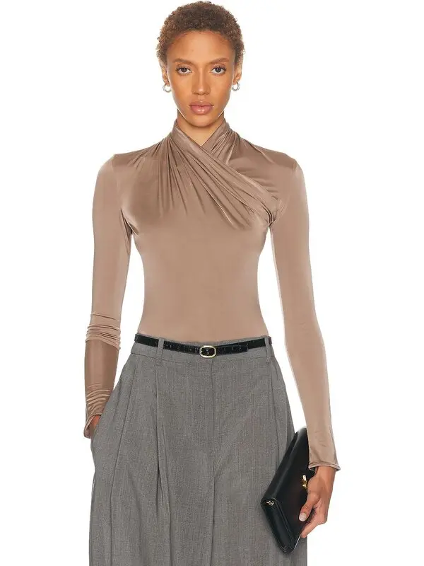 MUGLER Long Sleeve High Neck Bodysuit - Taupe