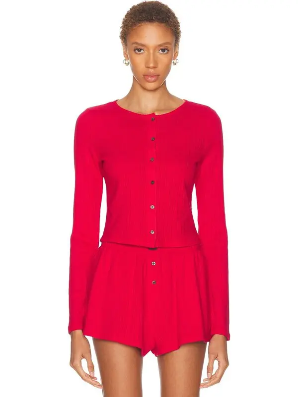 Lunya Pointelle Crew Neck Cardigan - Camellia Red