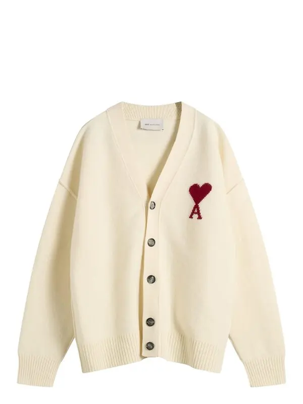 Ami Cardigan With Contrasted De Coeur - Ecru/rouge