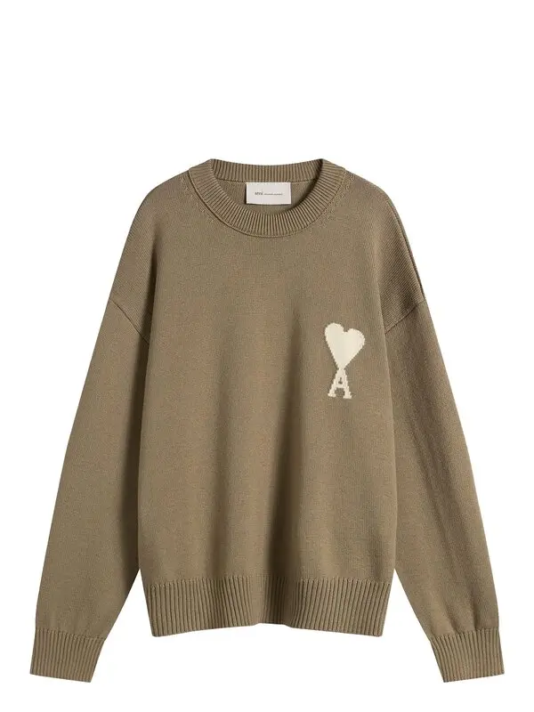 Ami Crewneck Sweater With De Coeur - Beige Taupe/ecru